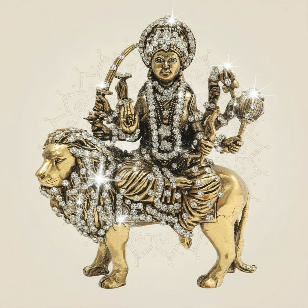 Maa Durga Brass Murti on Lion with Stones – Luxeartisanship